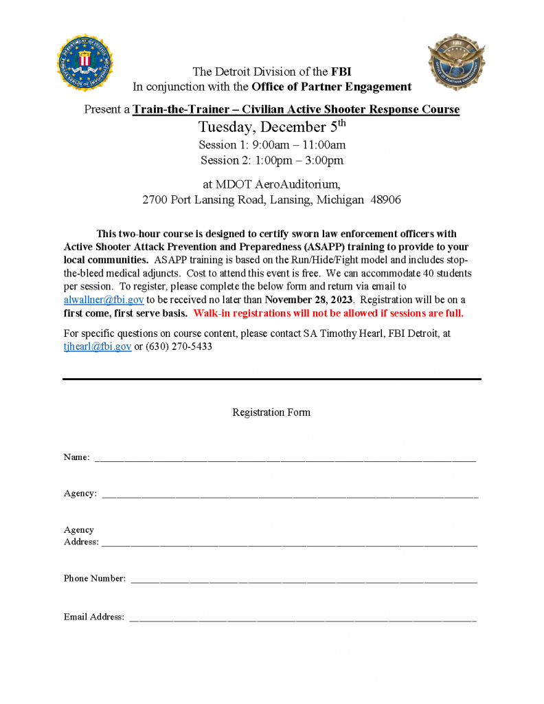 TRAIN-THE-TRAINER-CIVILIAN ACTIVE SHOOTER RESPONSE COURSE – FBINAA Michigan